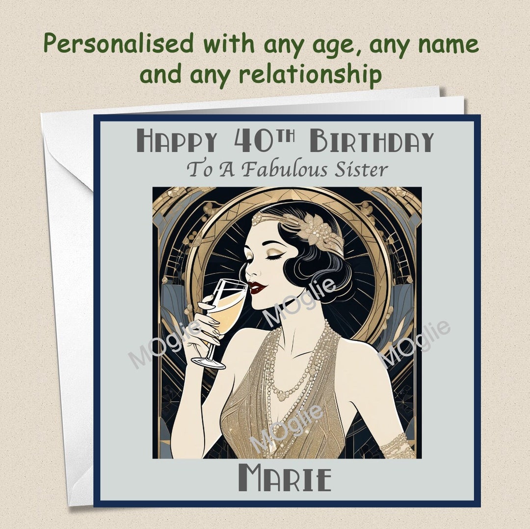 Personalised Female Retro Art Deco Lady Woman Birthday Card Wife Aunty ...