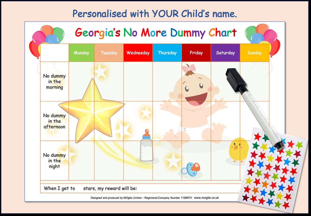 No More Dummy Reward Chart Personalised Boys Girls Sticker Reusable ...