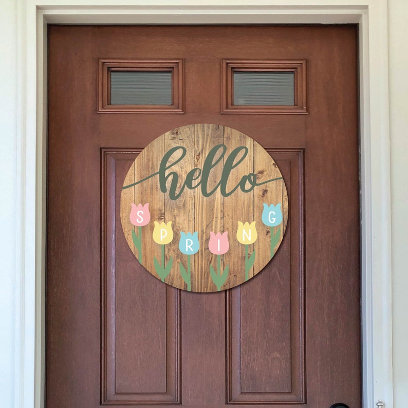 Hello Spring Wooden Door Hanger: Tulip Wreath Sign - Etsy