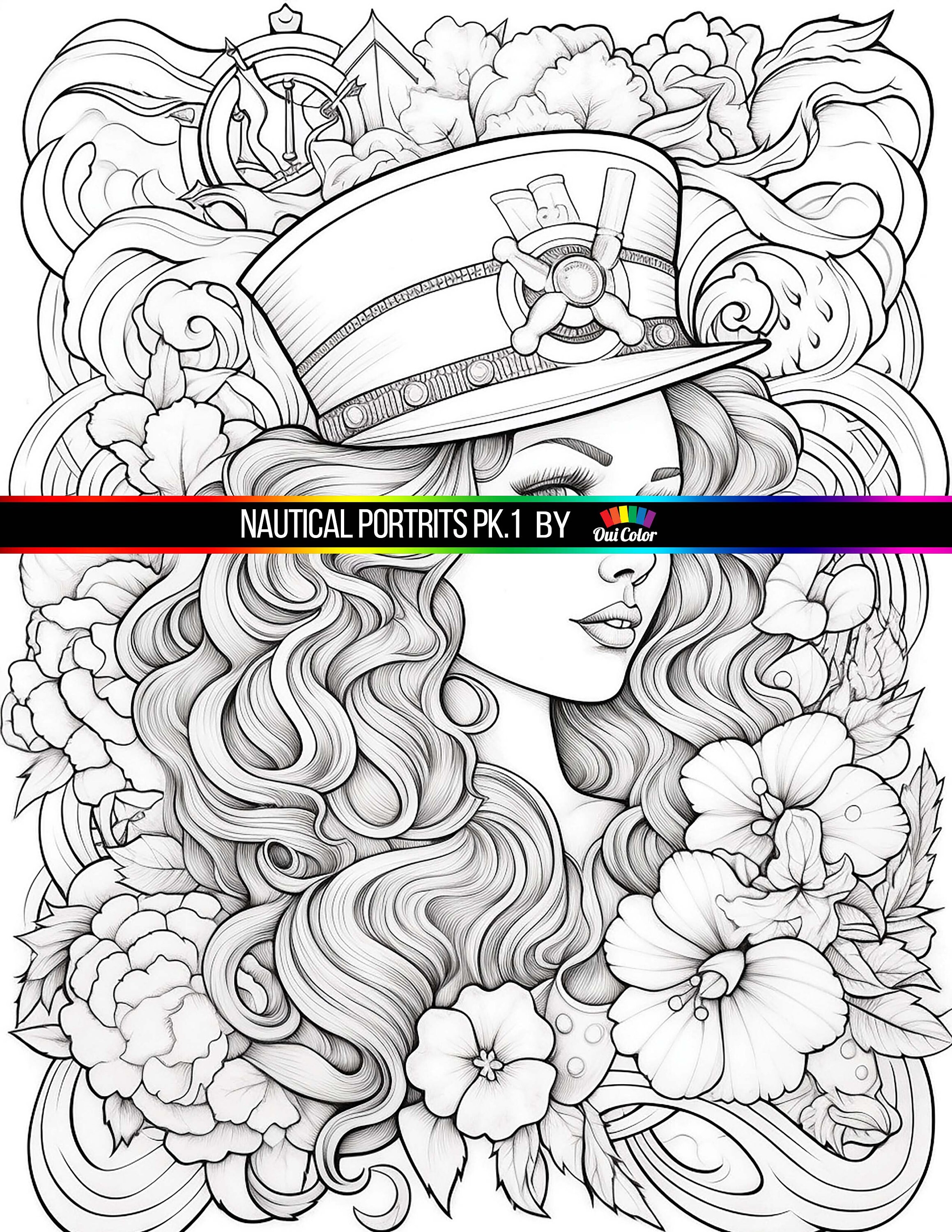 Beautiful Women Nautical Coloring Page | Printable Adult Grayscale ...