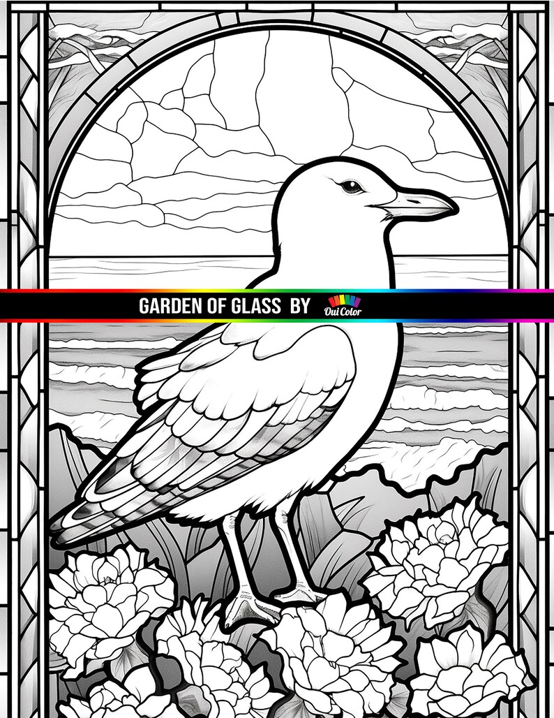 30 Stained Glass Coloring Pages | Bird and Flower Mosaics | Grayscale ...