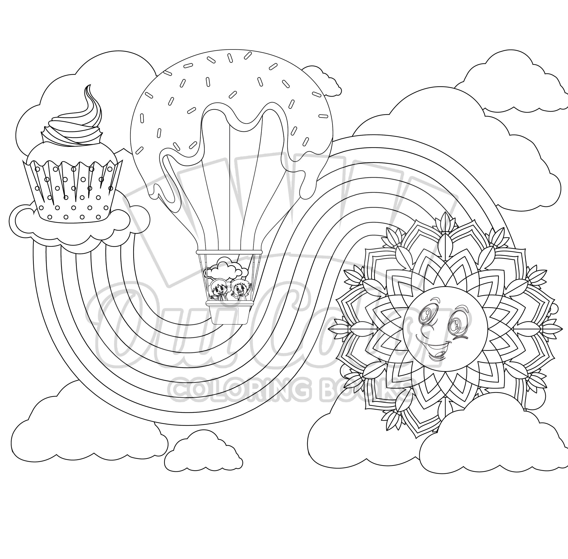Printable Adult Coloring Pages Rainbow Sun Cloud | Rainbow: Coloring ...
