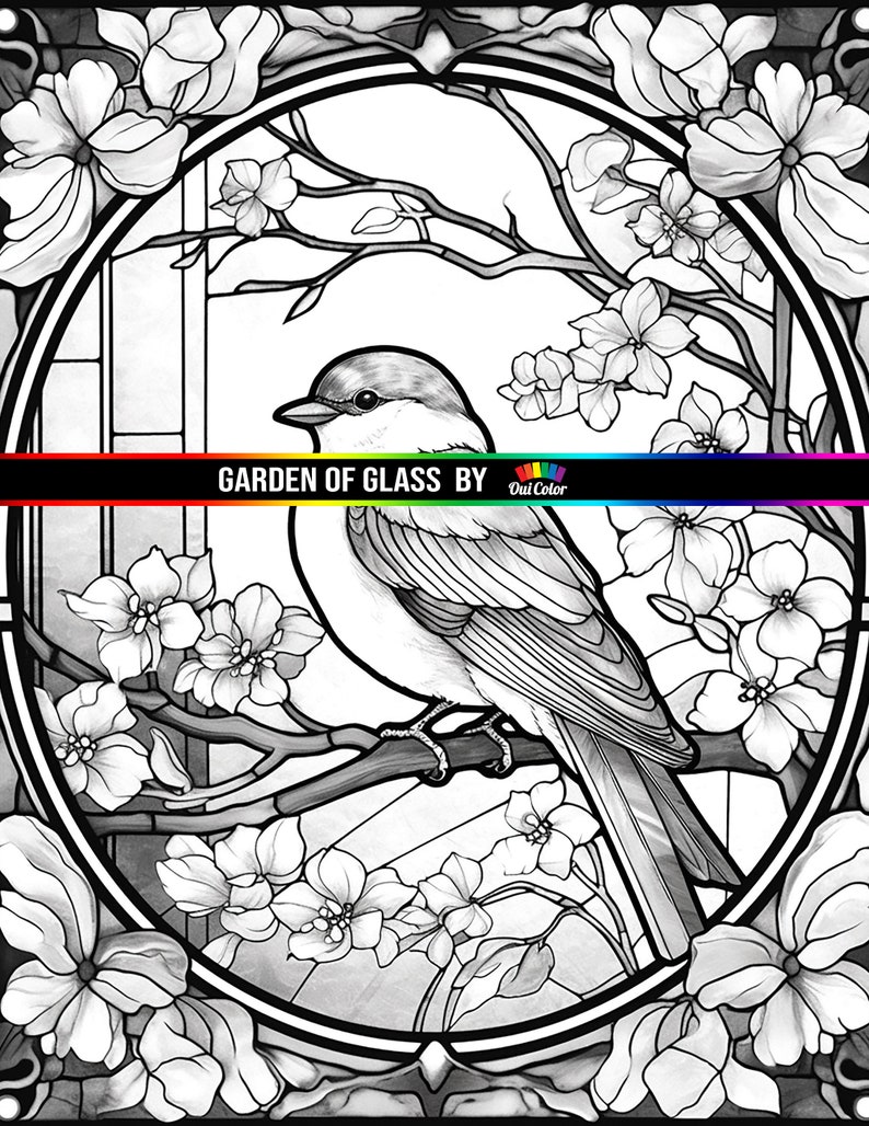 30 Stained Glass Coloring Pages | Bird and Flower Mosaics | Grayscale ...