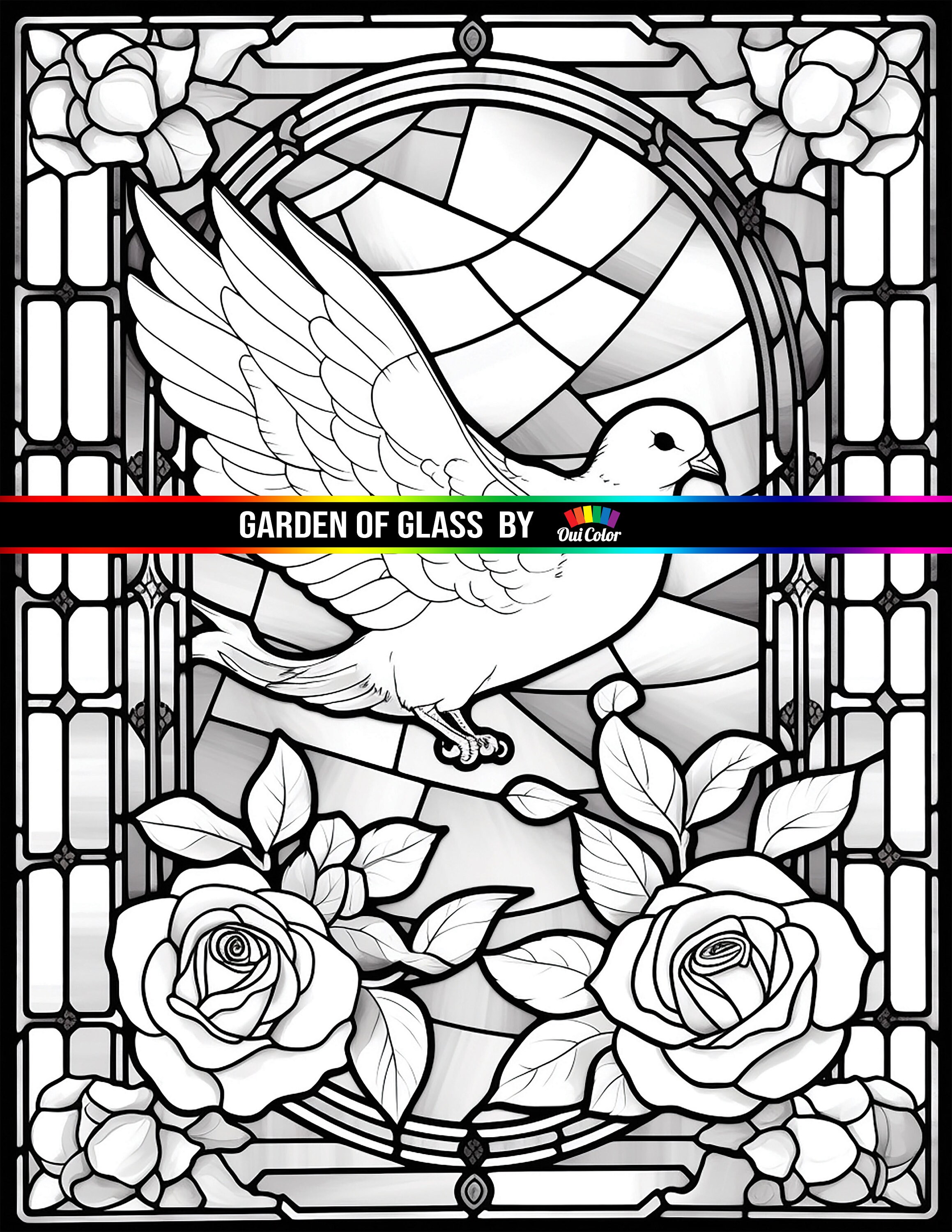 30 Stained Glass Coloring Pages | Bird and Flower Mosaics | Grayscale ...