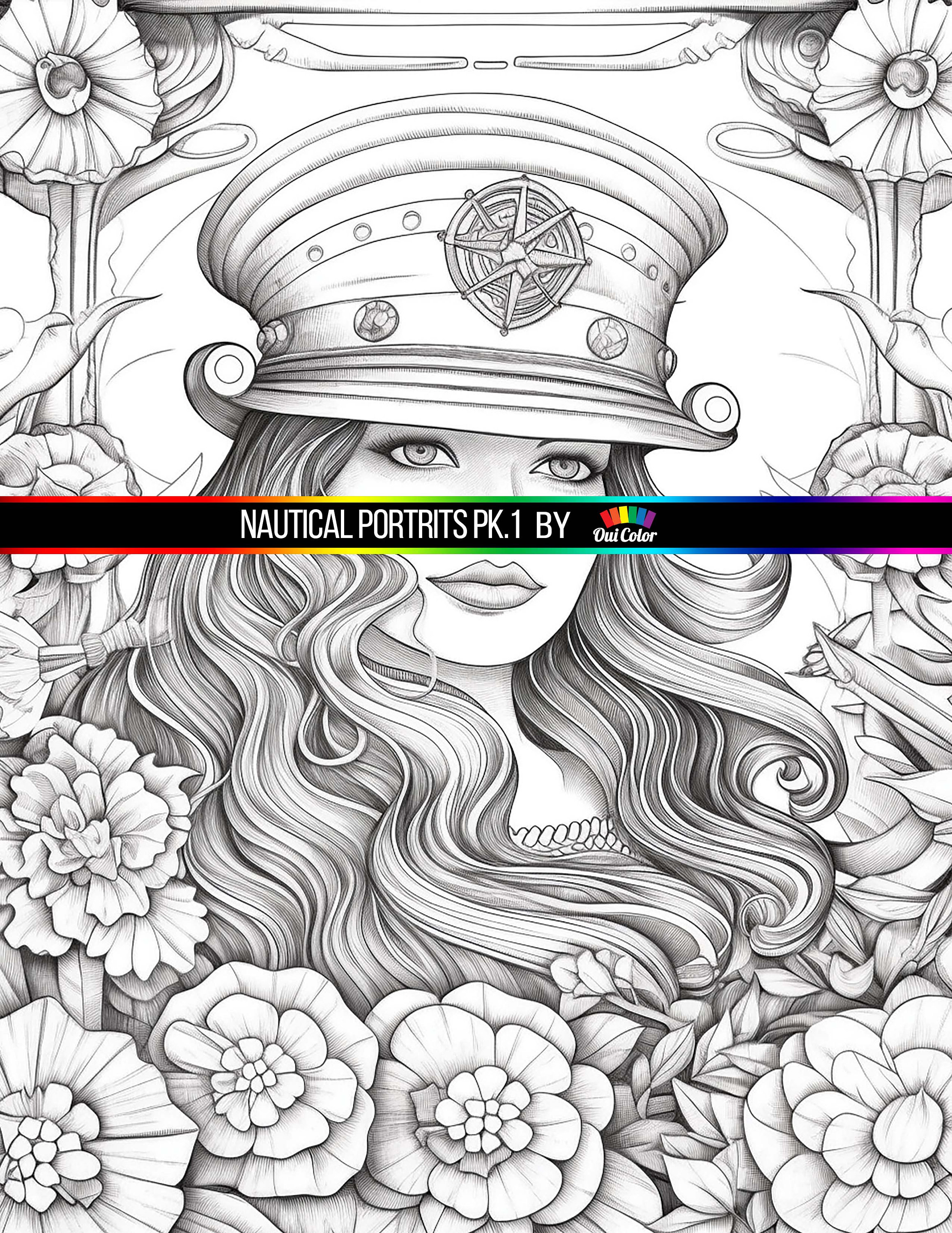 Beautiful Women Nautical Coloring Page | Printable Adult Grayscale ...