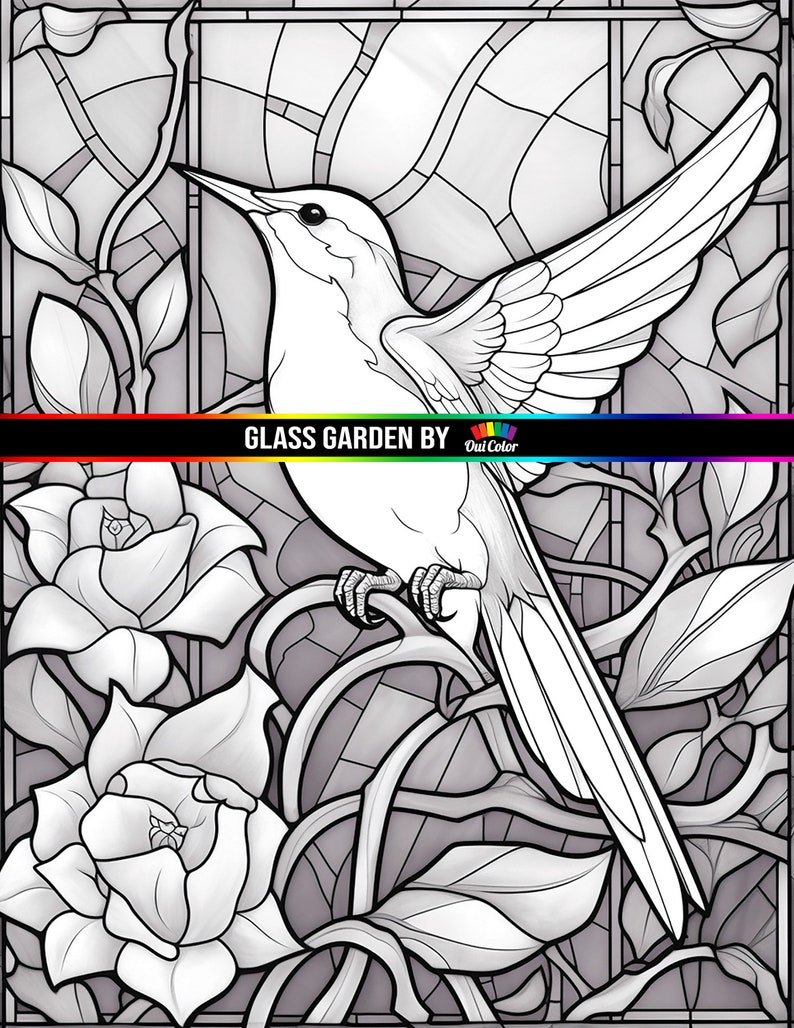 30 Stained Glass Coloring Pages | Bird and Flower Mosaics | Grayscale ...