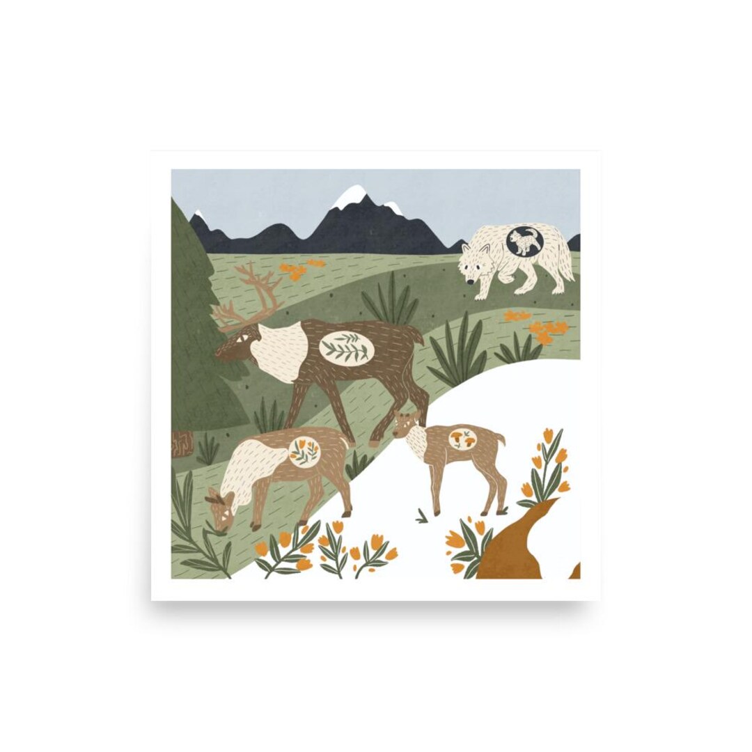 Arctic Animals Ecosystem Print: Wolf & Caribou Nature Art - Etsy