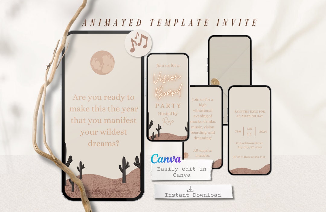 Vision Board Party Digital Invitation Canva Editable Template Animated ...