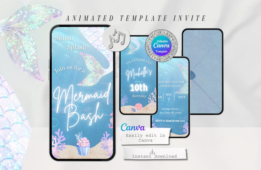 Mermaid Invitation Digital Invitation Canva Editable Template Animated ...