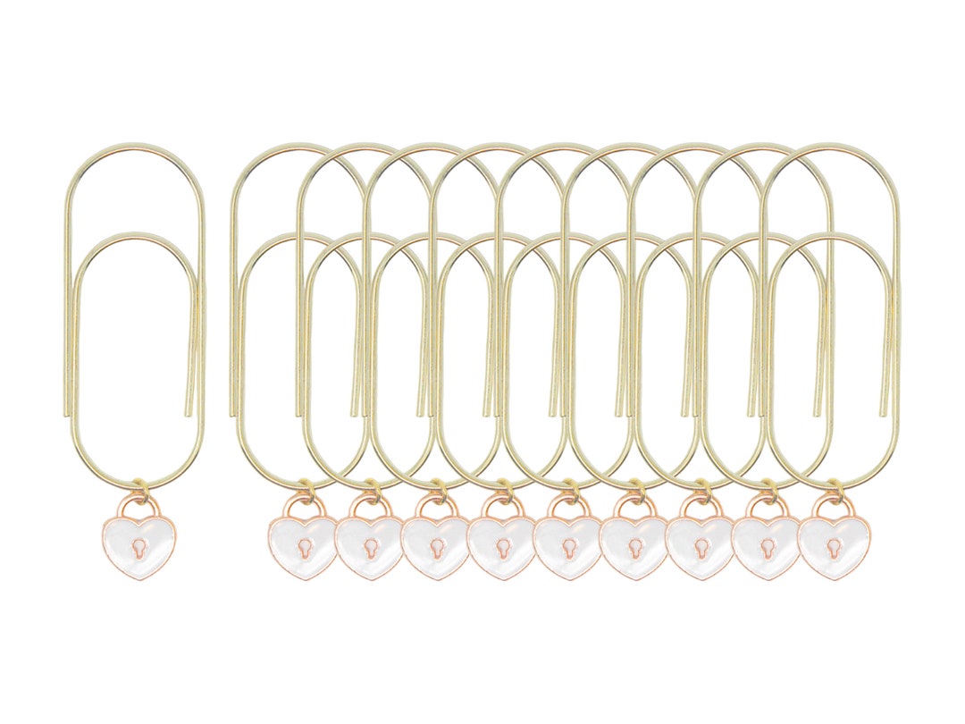 Set of 10 Heart White Lock Gold Planner Paperclips Jumbo Size - Big ...