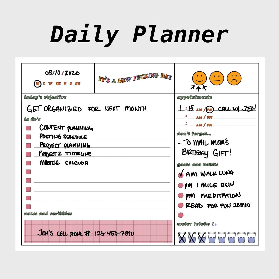 Daily Planner, Printable, Day Tracker, Habit Tracker, Organization ...