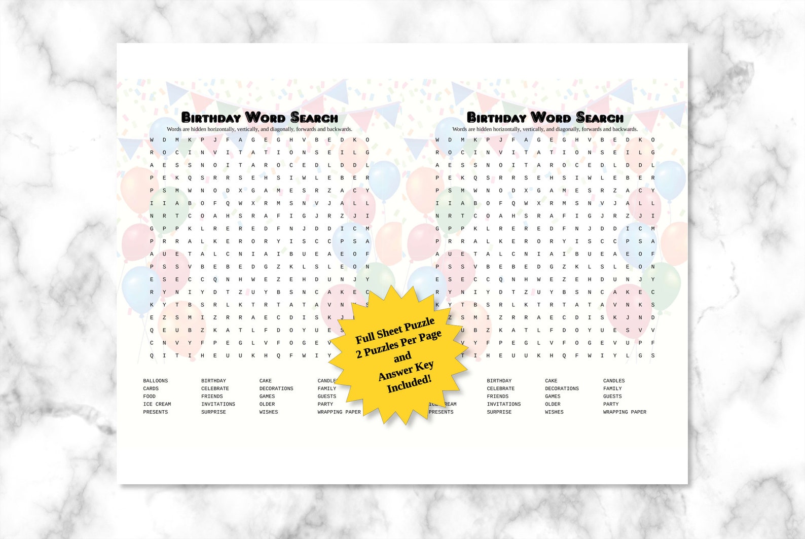 Birthday Word Search Printable Birthday Game Birthday Etsy