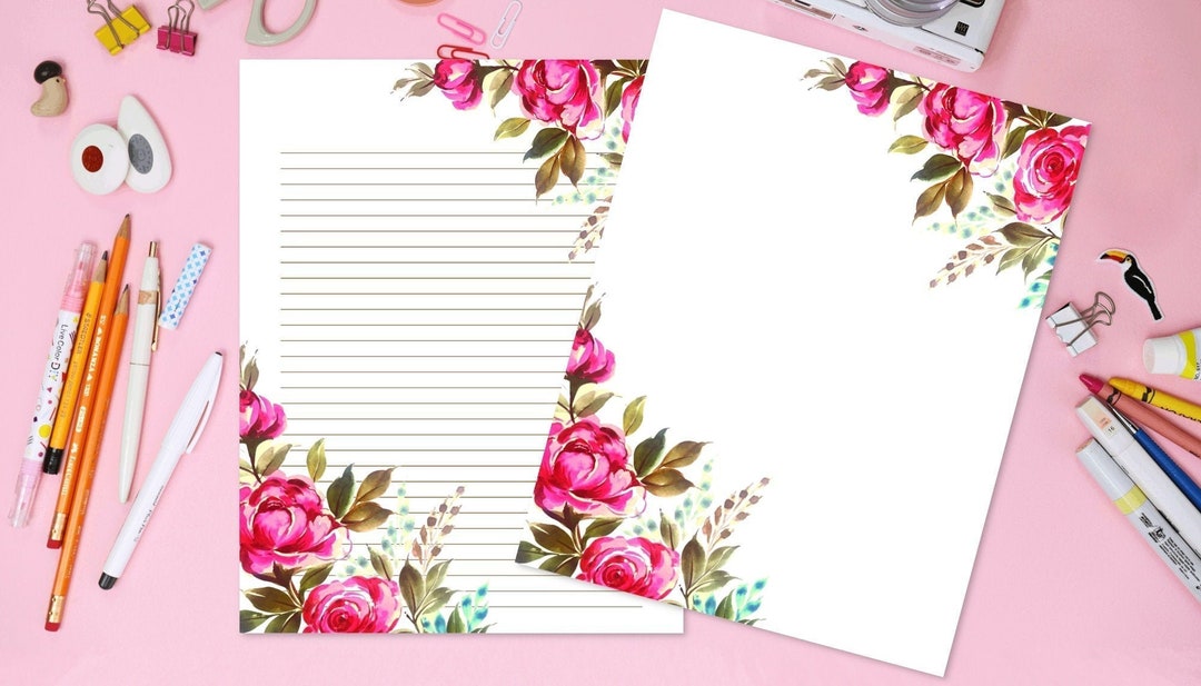 Watercolor Decorative Pink Roses Printable Stationery 8.5x11, Digital ...