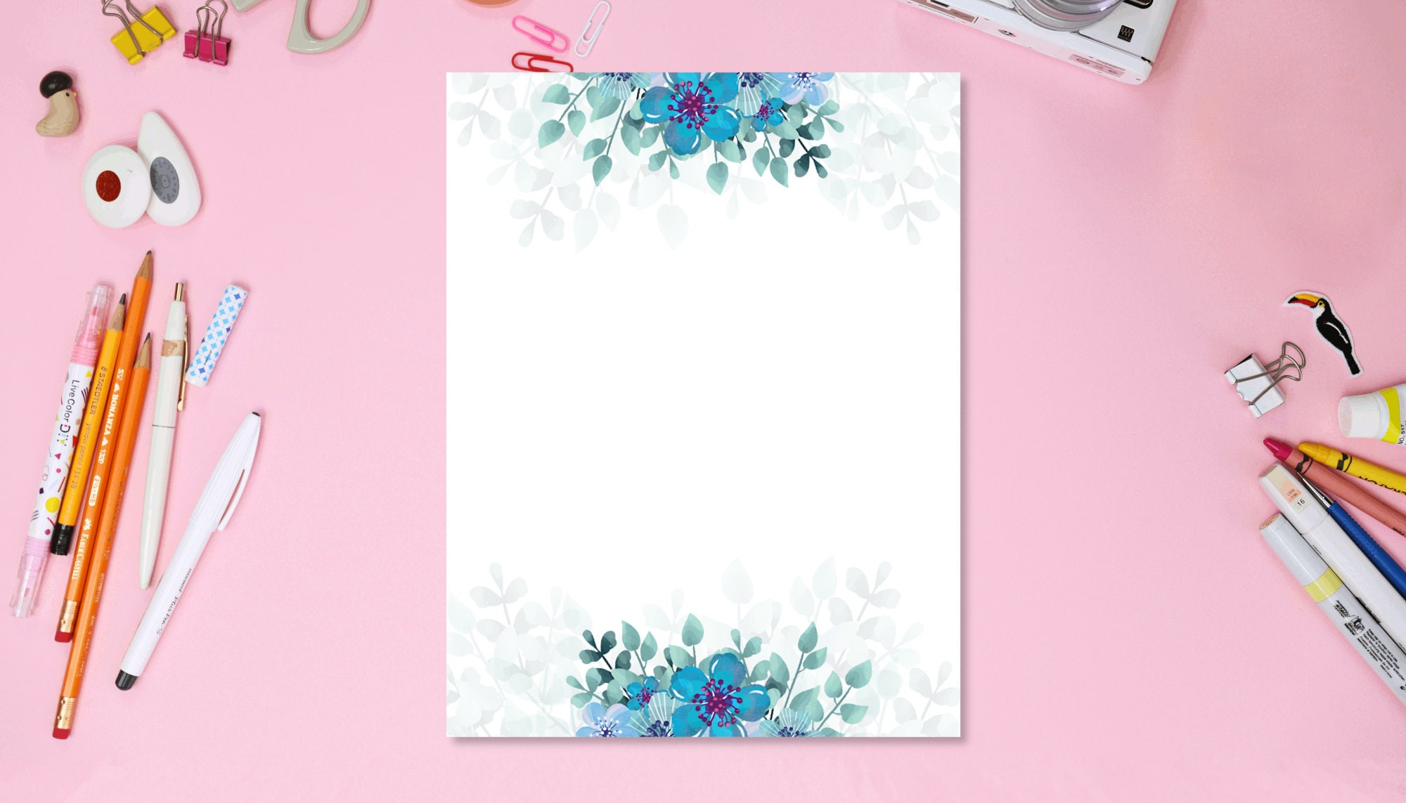 Blue and Purple Flowers Printable Stationery 8.5x11, Digital Stationery ...