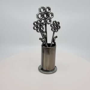Metal Vase With Three Nuts and Bolts Style Welded Flowers - Etsy