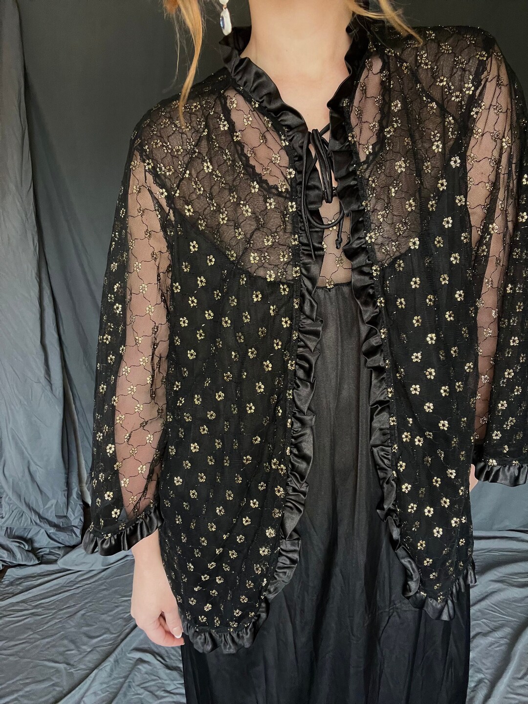 Vintage 70s Old Hollywood 2 Piece Lingerie Nightgown & Lace Jacket Set ...