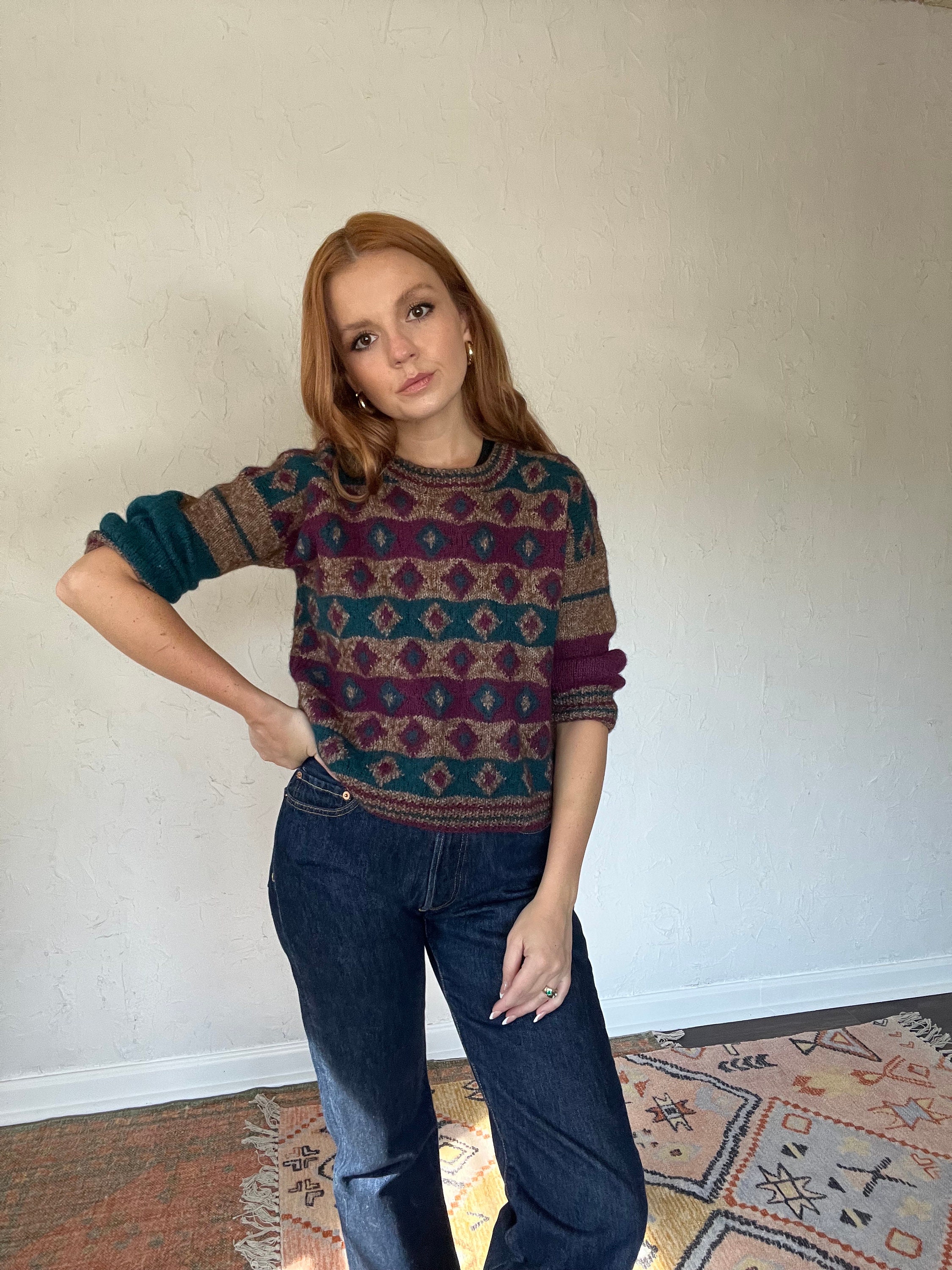 Vintage 90s Handmade Hand Knit Diamond Print Sweater - Etsy