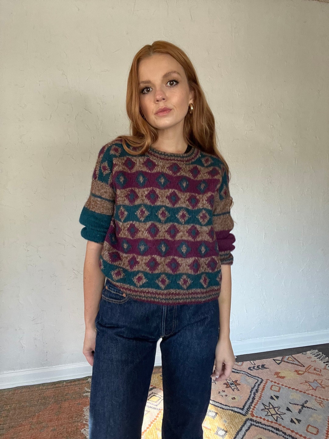 Vintage 90s Handmade Hand Knit Diamond Print Sweater - Etsy