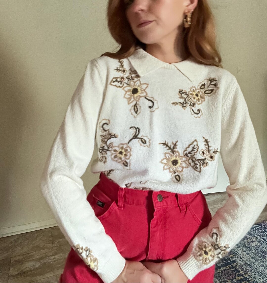 Vintage 80s Embroidered Sweater - Etsy