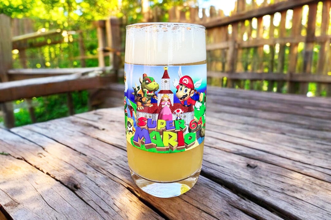 Super Mario World N64 Luigi Craft Beer Glass Glassware Fun Nintendo 64 ...