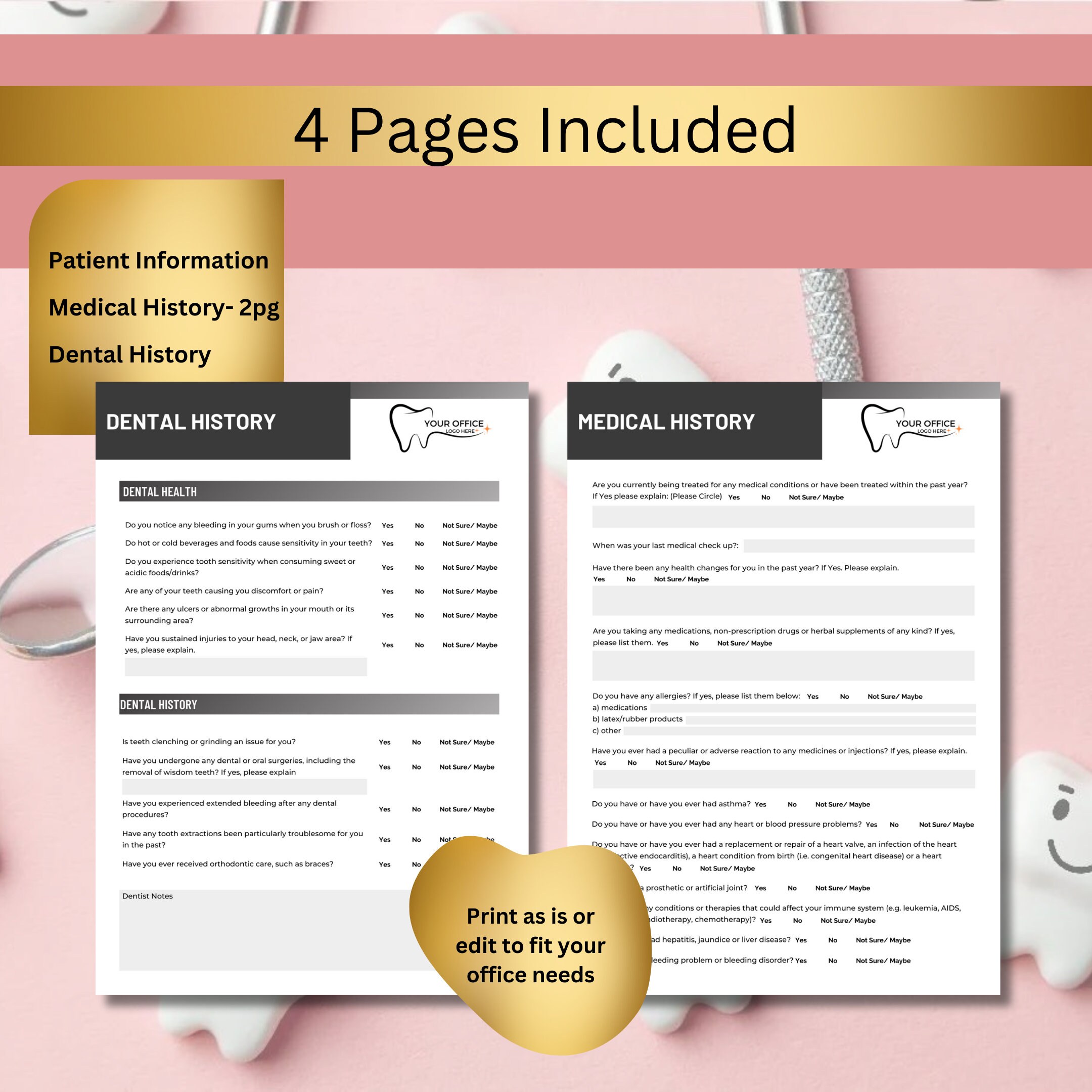 New Patient Form | Editable Dental Intake Forms | Dental Office ...