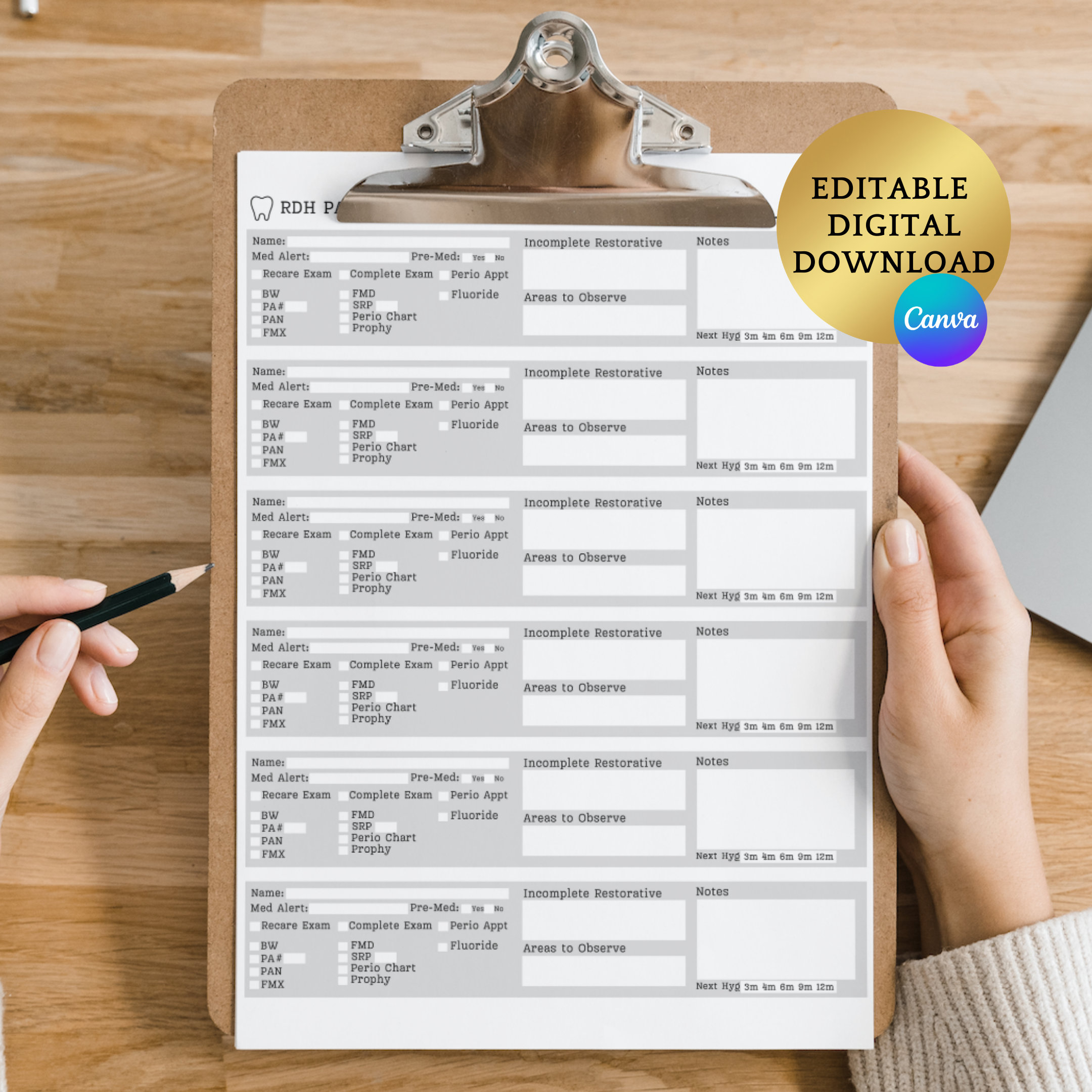 RDH Daily Patient Planner | Editable RDH Template | RDH Patient Tracker ...