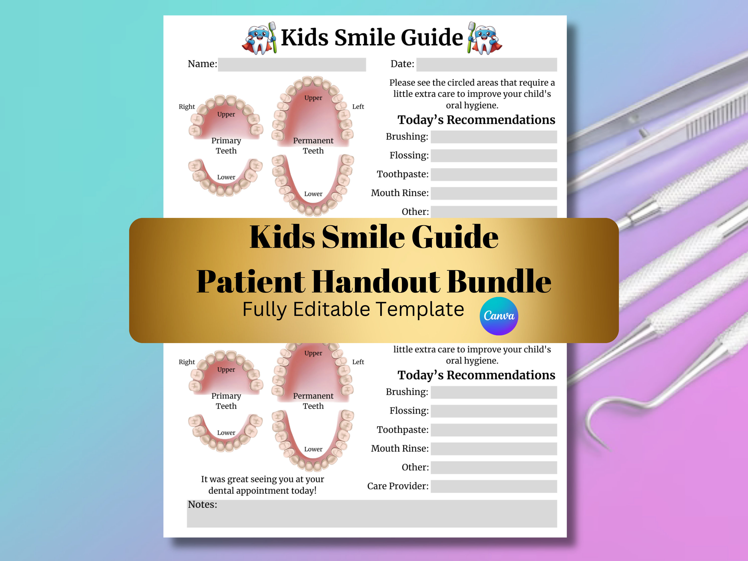 Kids Patient Handout Form | RDH Hygienist Notes | Dental Office Form ...