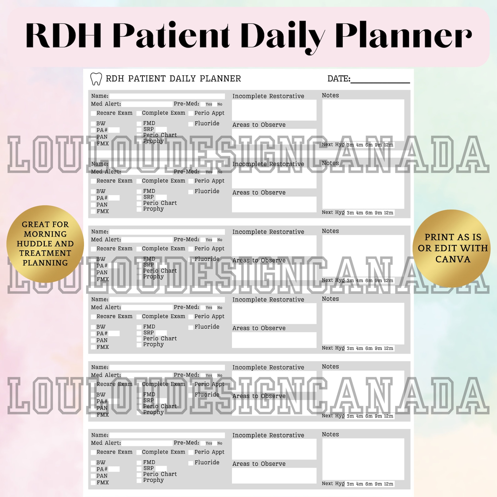 RDH Daily Patient Planner | Editable RDH Template | RDH Patient Tracker ...