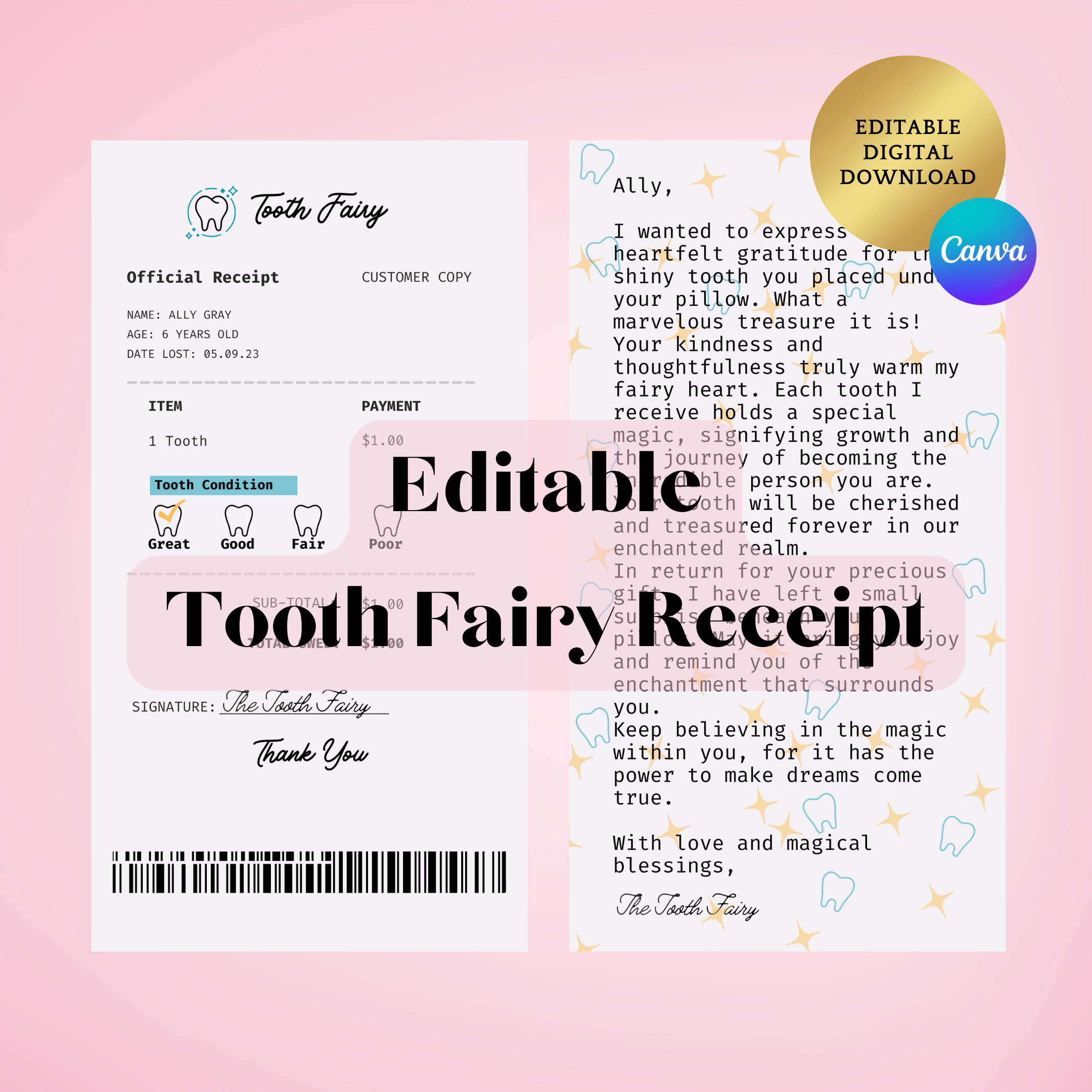 Editable Tooth Fairy Receipt Printable Certificate | First Tooth Lost ...