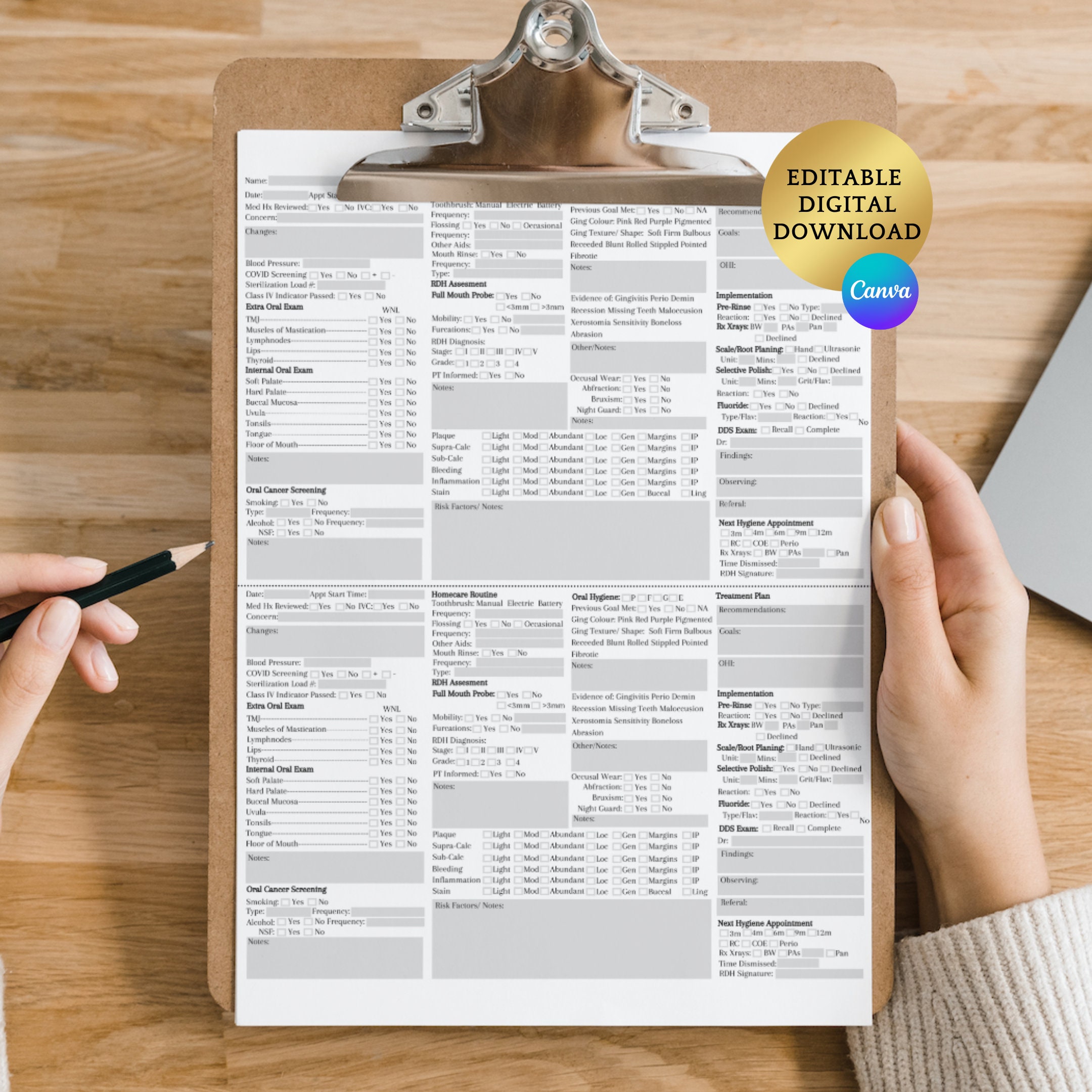 Dental Hygiene Documentation Sheet | RDH Treatment Notes | Dental Chart ...