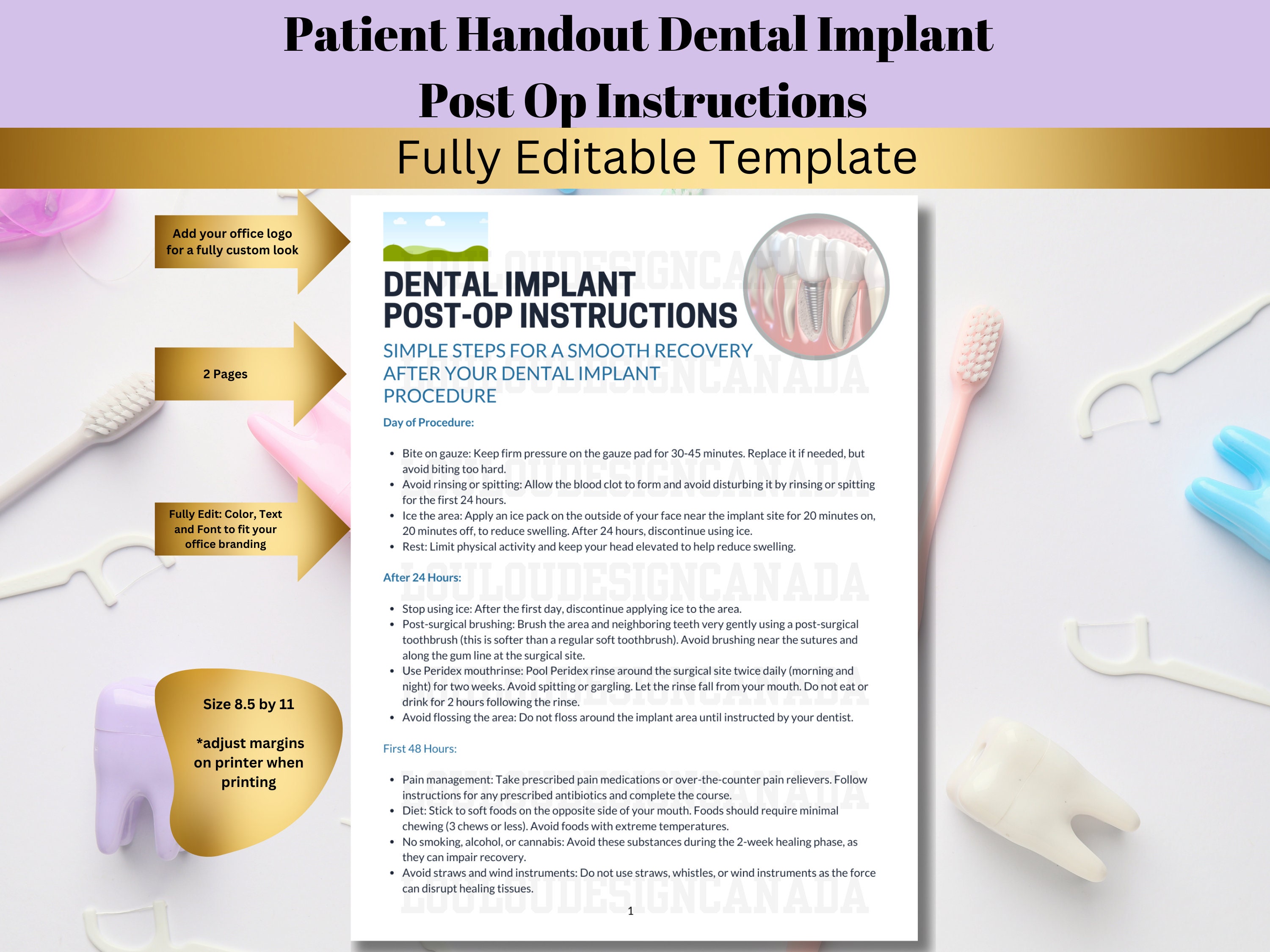 Editable Dental Implant Post Op Instructions | Dental Office Patient ...