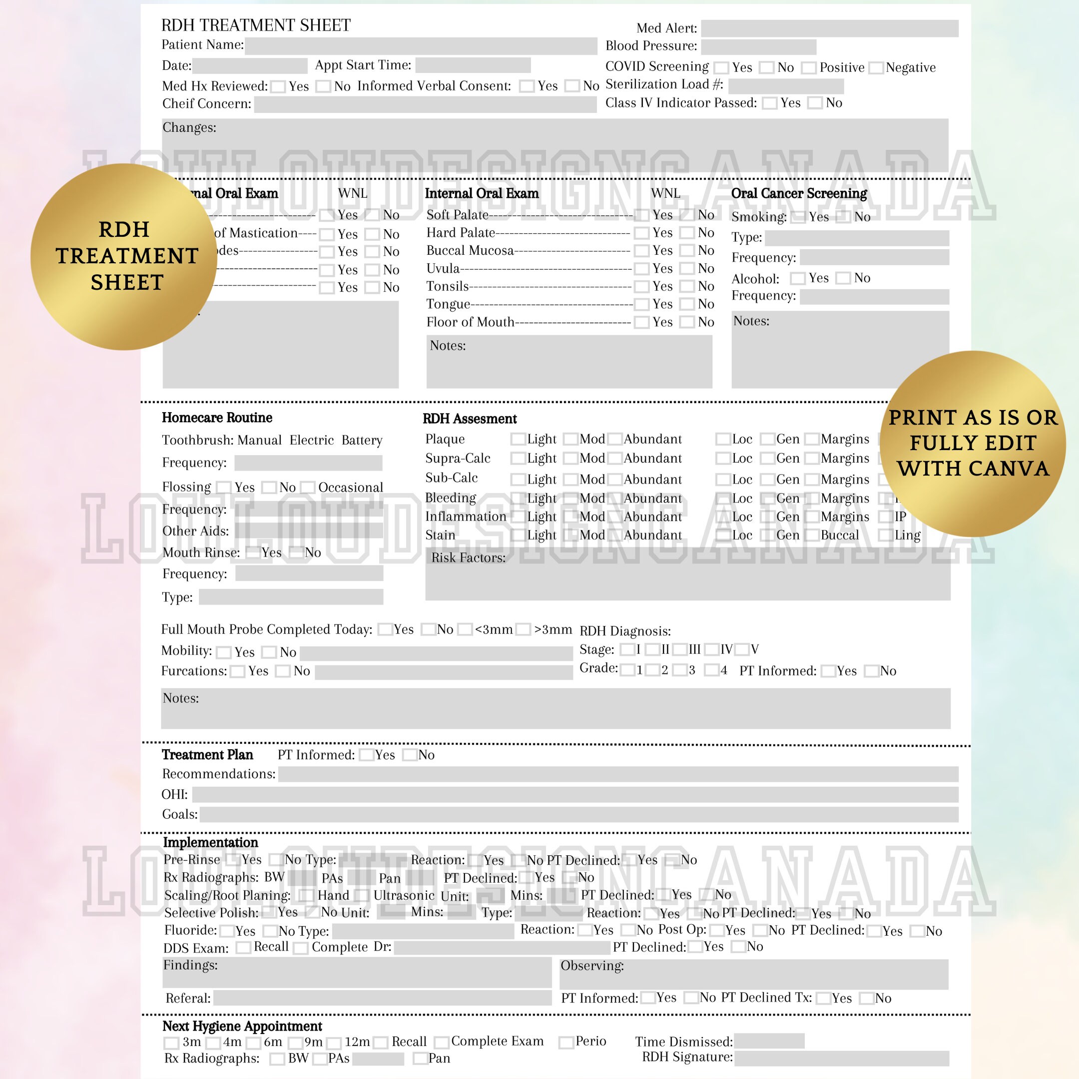 RDH Documentation Hygiene Treatment Sheet Dental Treatment Notes RDH ...