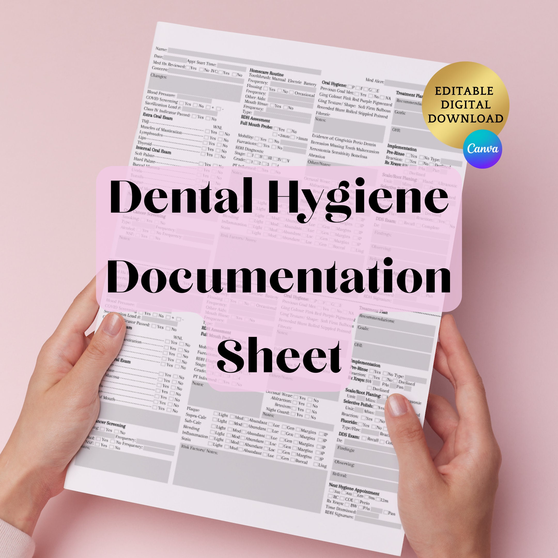 Dental Hygiene Documentation Sheet | RDH Treatment Notes | Dental Chart ...