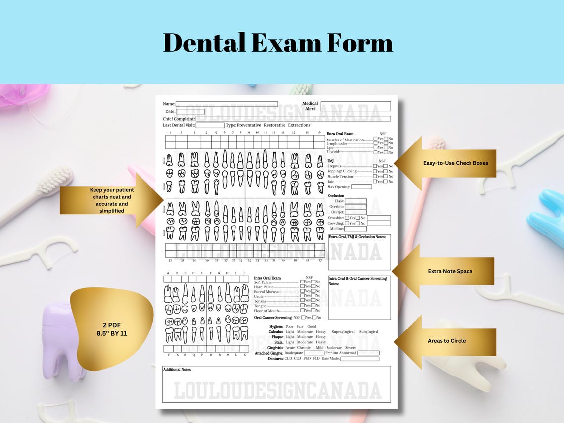 Dental Exam Form | Patient Examination Form | Dental Chart | Dentist ...