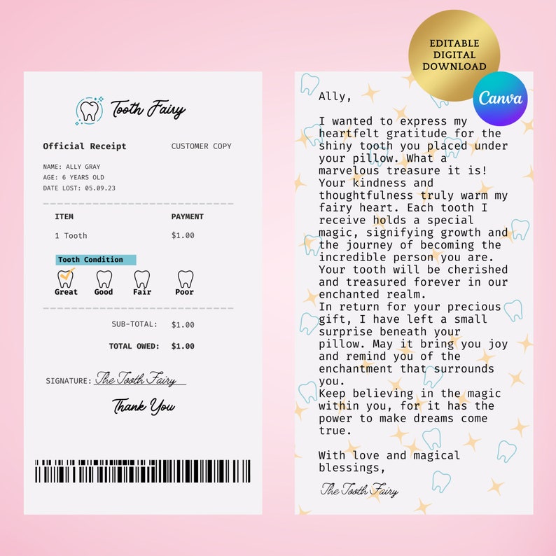Editable Tooth Fairy Receipt Printable Certificate | First Tooth Lost ...