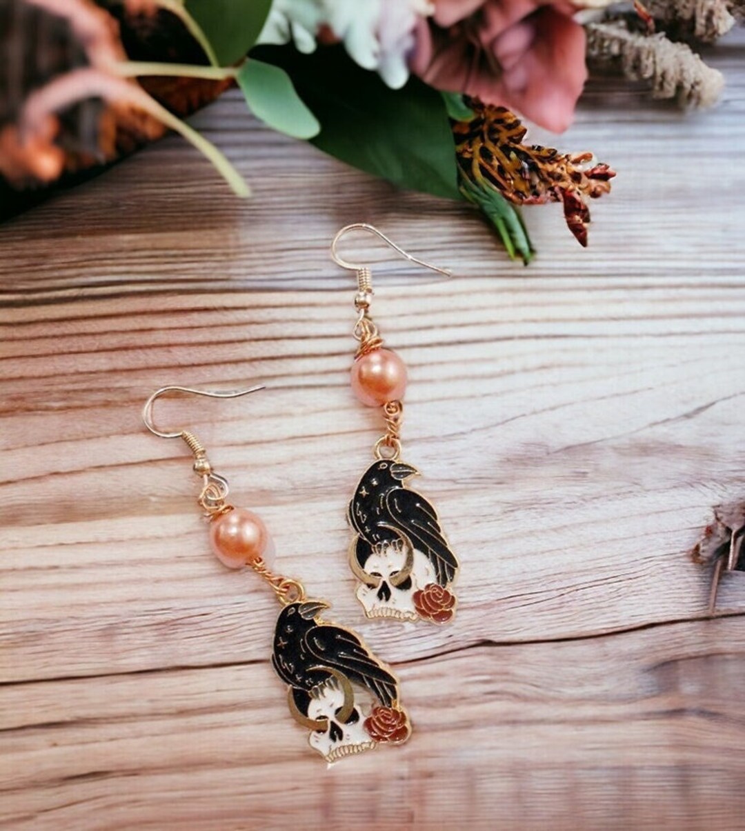 Metallic Enamel Crow Skull Gothic Earrings Dark Avian Jewelry Edgy ...