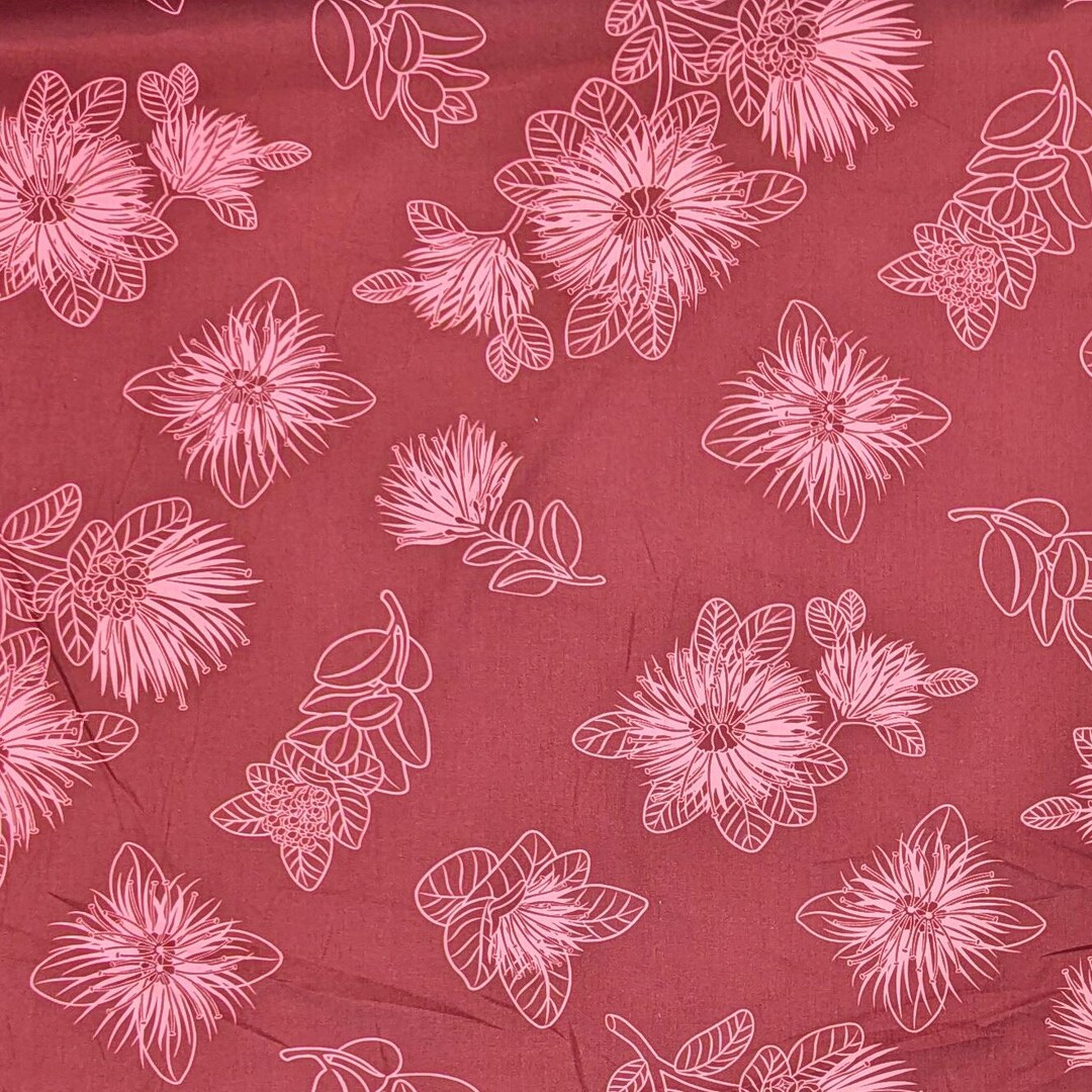 Light Maroon Hawaiian Fabric With Ohia Flower Print - Etsy
