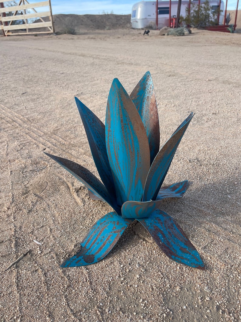 12" Blue Patina Agave Sculpture – Handcrafted Steel Desert Art by ...