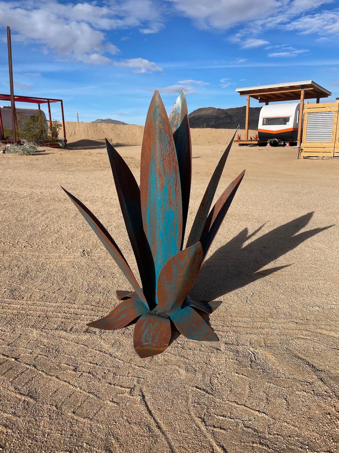 24" Blue Patina, Metal Agave Sculpture, Rusted Steel Garden Art, Yard ...