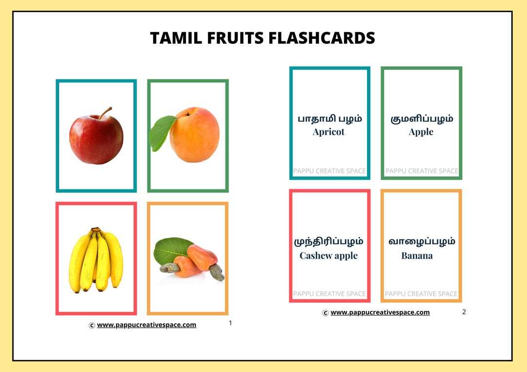 Tamil Flashcards for Kids/ Bilingual Flashcards/ Fruits/homeschool ...