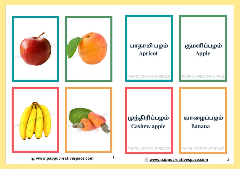 Tamil Flashcards for Kids/ Bilingual Flashcards/ Fruits/homeschool ...