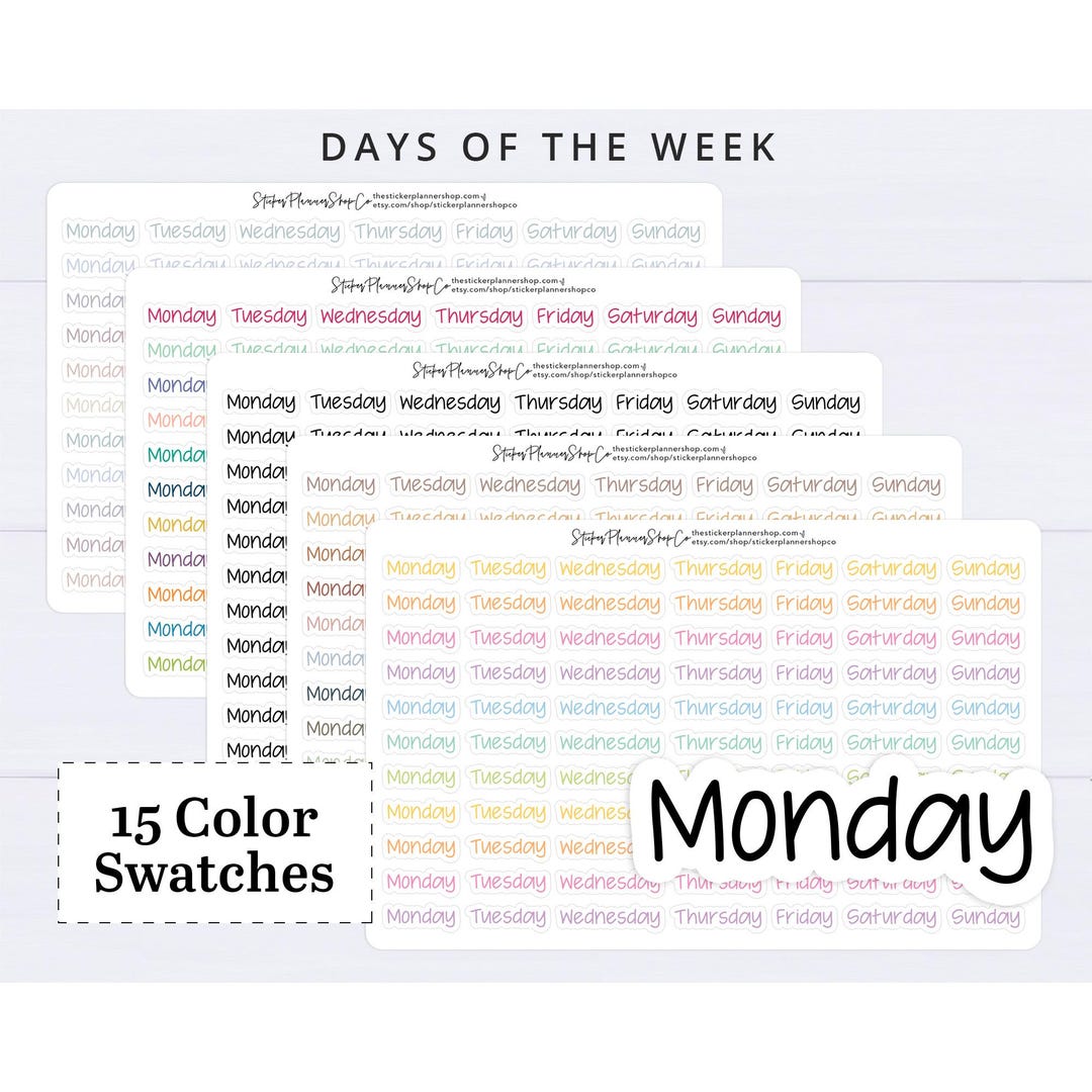Days of the Week Planner Stickers - Days of the Week Sticker Sheet - 77 ...