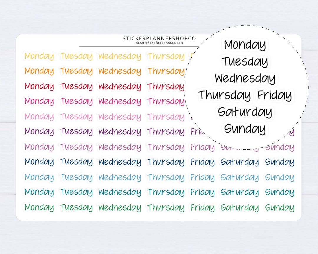 Days of the Week Planner Stickers Days of the Week Sticker Sheet 77 ...