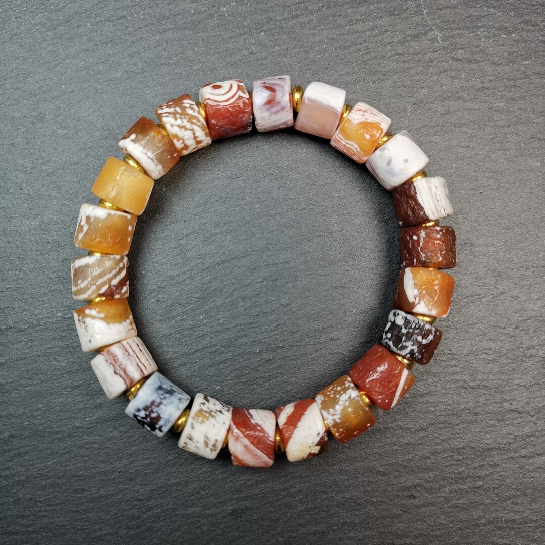 Tibetan Sugar Agate Beads Wrist Mala Bracelet, Unique 11mm Barrel Shape ...