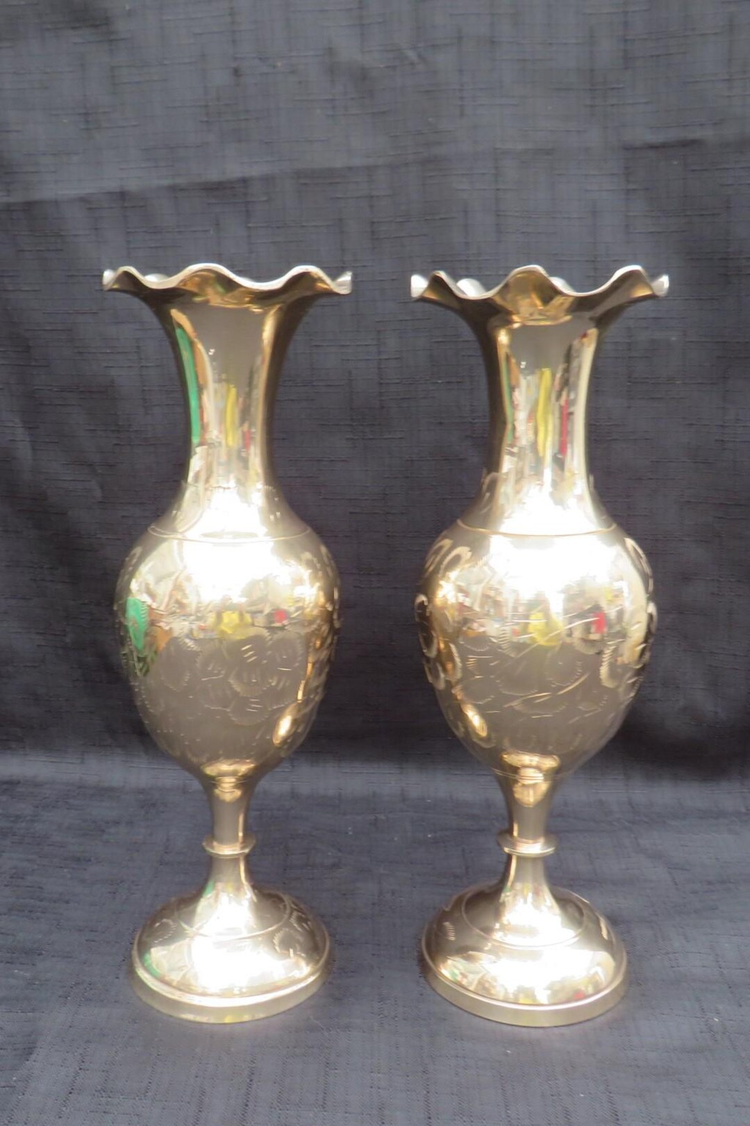 Pair of Antique Brass Etched Ruffled Rim Vases - Etsy