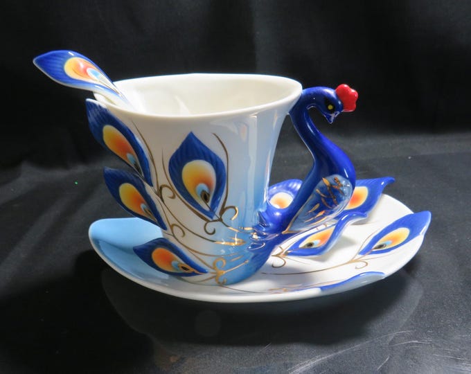 3D Peacock Cup, Saucer & Spoon Set - Etsy
