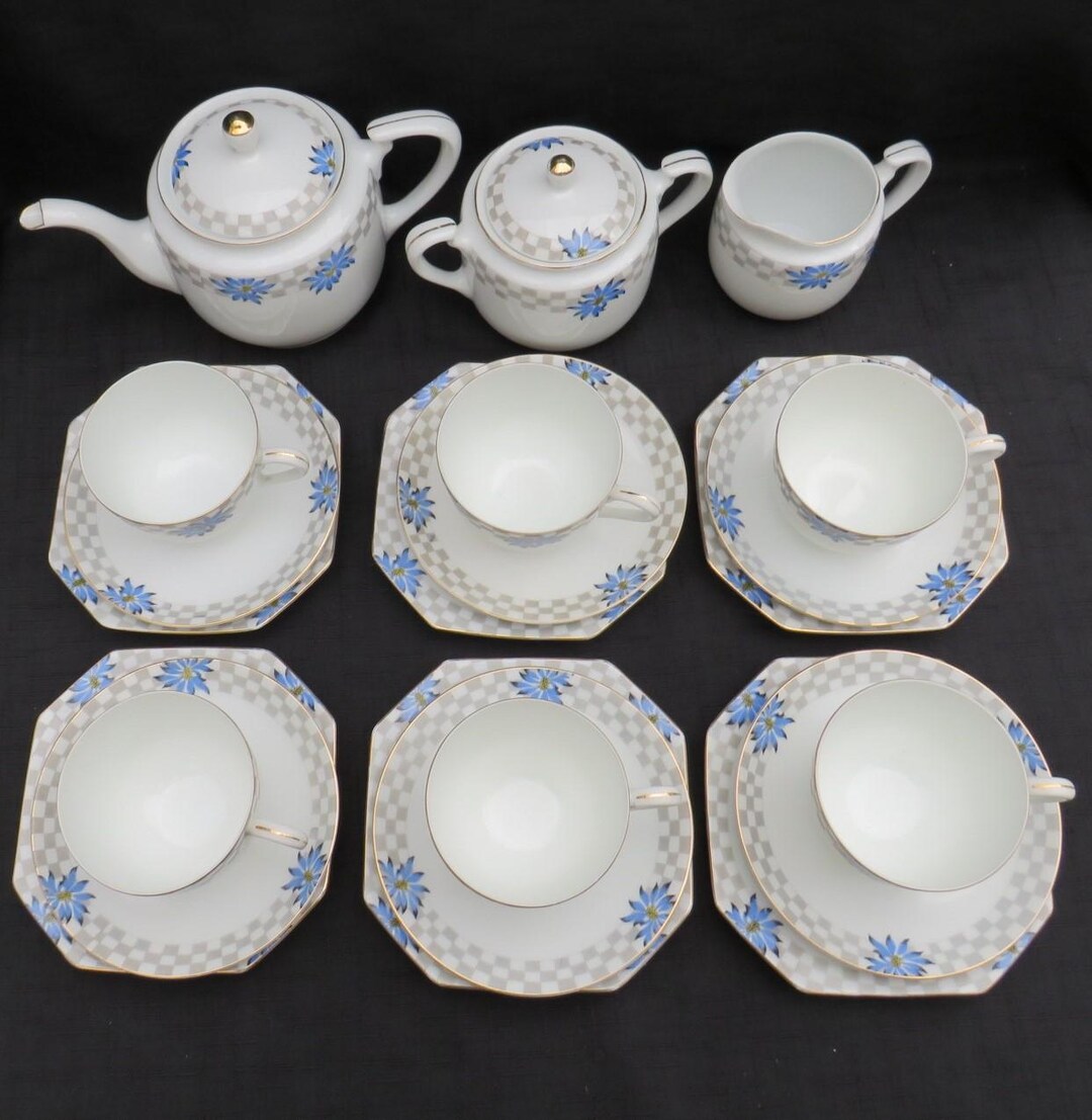 Vintage Noritake Checked & Blue Flower Tea Set - Etsy UK