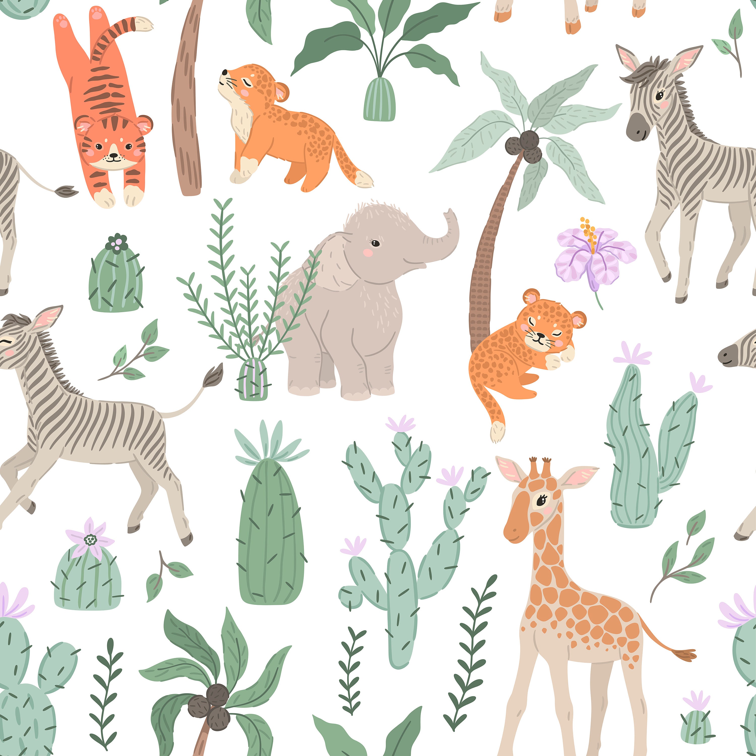 Safari Summer Seamless Pattern, Cute Safari Animals and Floral Seamless ...