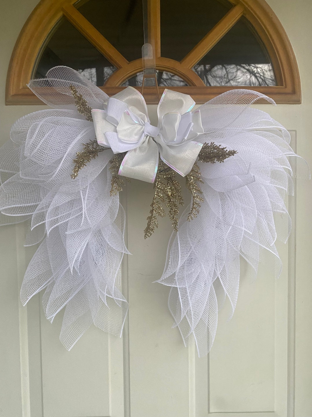 White Angel Wings Deco Mesh Wreath Memorial - Etsy