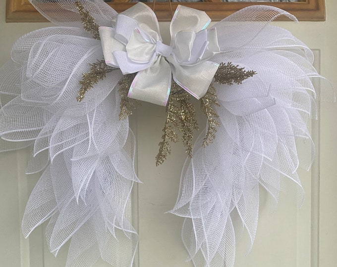 White Angel Wings Deco Mesh Wreath Memorial - Etsy
